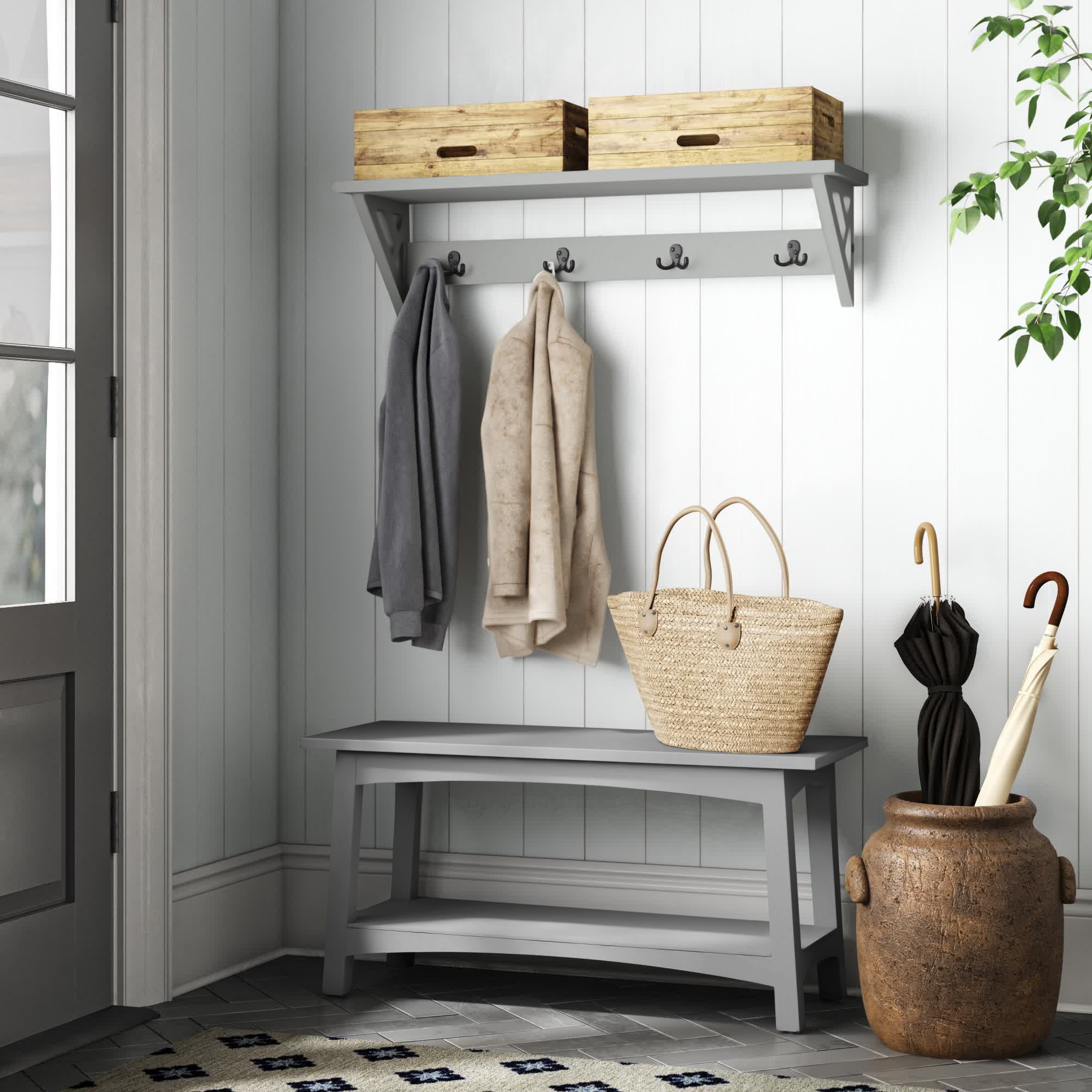 Rosalind Wheeler Lund 36" Wide Wall Mount Hall Tree Set With 4 Coat Hooks And A Bench With Shoe ...